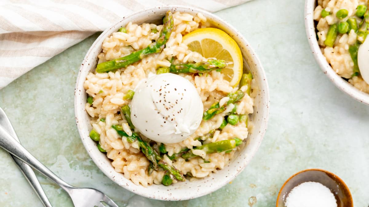 Pea and Asparagus Risotto with Burrata - A Dash of Megnut